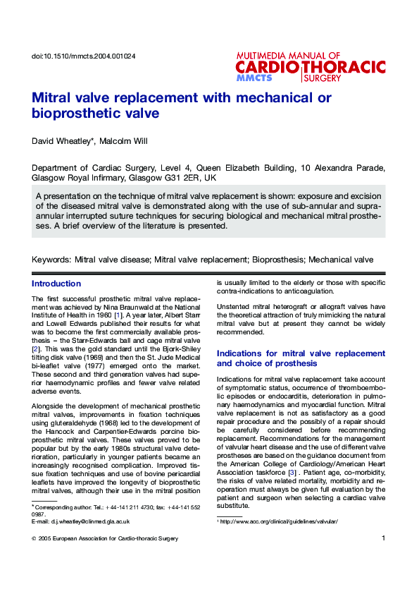 (PDF) Mitral valve replacement with mechanical or bioprosthetic valve
