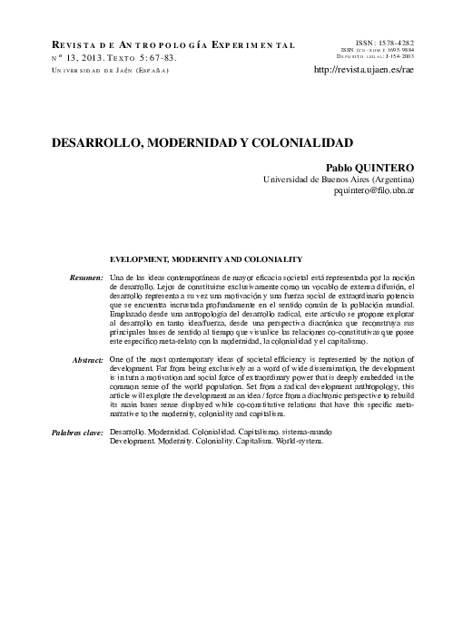 (PDF) Desarrollo, Modernidad y Colonialidad