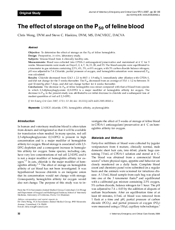 (PDF) The effect of storage on the P50 of feline blood