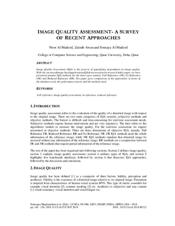 (PDF) Image Quality Assessment - A Survey of Recent Approaches