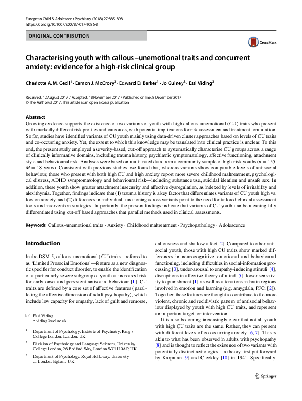 (PDF) Characterising youth with callous-unemotional traits and ...