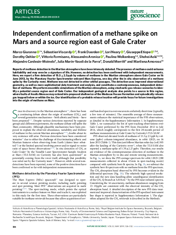 (PDF) Independent confirmation of a methane spike on Mars and a source ...