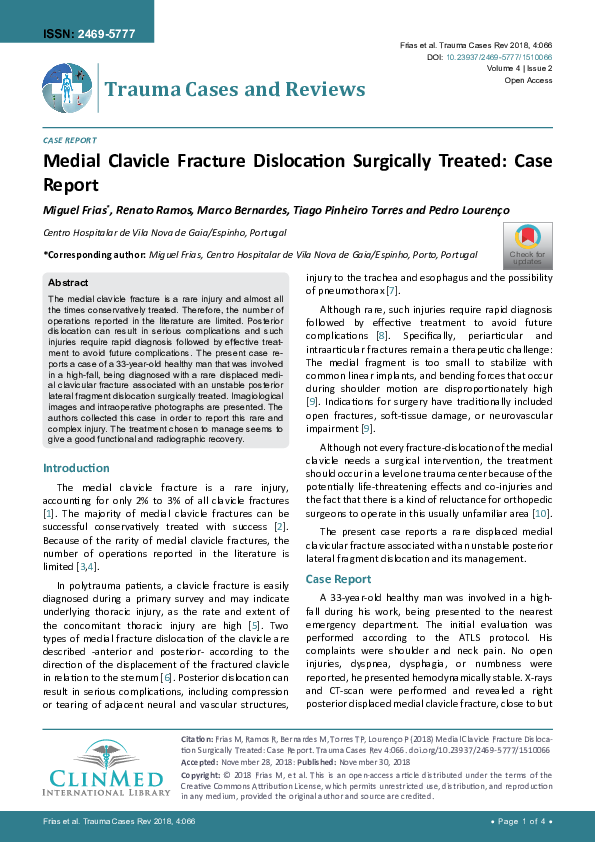 (PDF) Medial Clavicle Fracture Dislocation Surgically Treated: Case Report