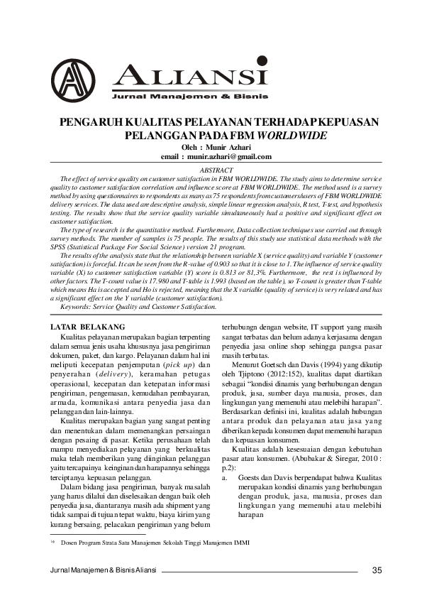 (PDF) Pengaruh Kualitas Pelayanan Terhadap Kepuasan Pelanggan Pada FBM Worldwide