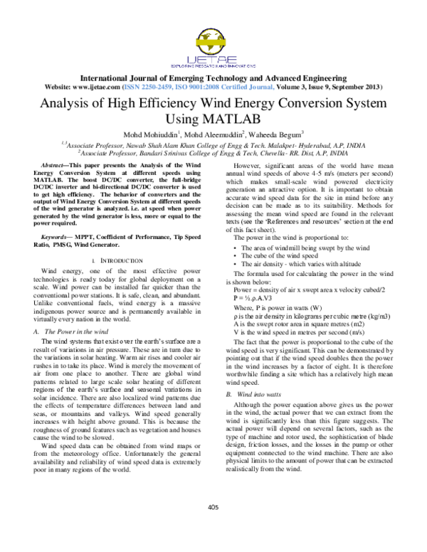 Pdf Analysis Of High Efficiency Wind Energy Conversion System Using Matlab