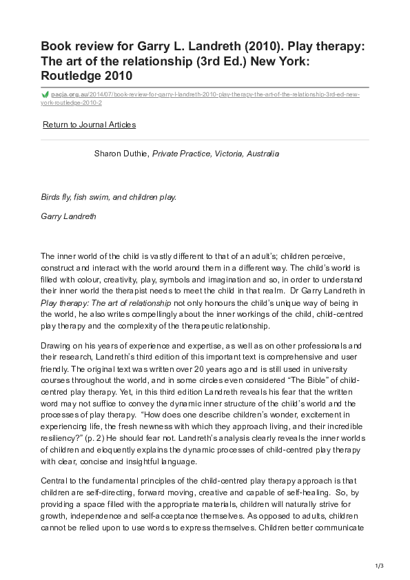 (PDF) Book Review for Garry L. Landreth (2010). Play Therapy: The Art ...