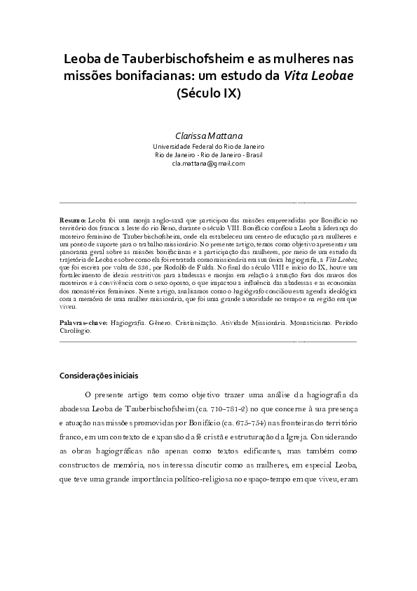 (PDF) Leoba de Tauberbischofsheim e as mulheres nas missões ...