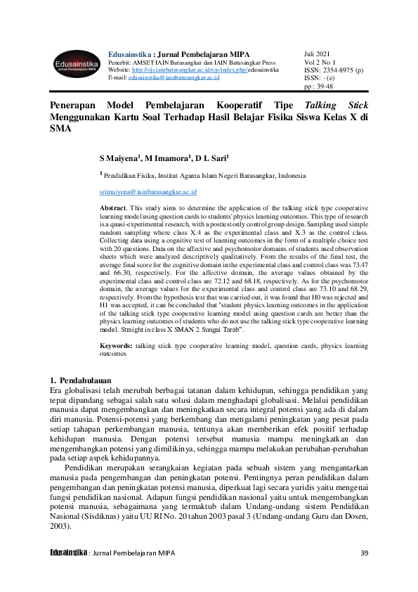 (PDF) Penerapan Model Pembelajaran Kooperatif Tipe Talking Stick Menggunakan Kartu Soal Terhadap ...