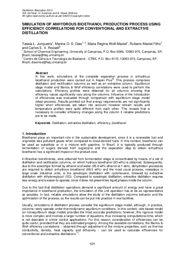(PDF) Simulation of Anhydrous Bioethanol Production Process Using Efficiency Correlations for ...