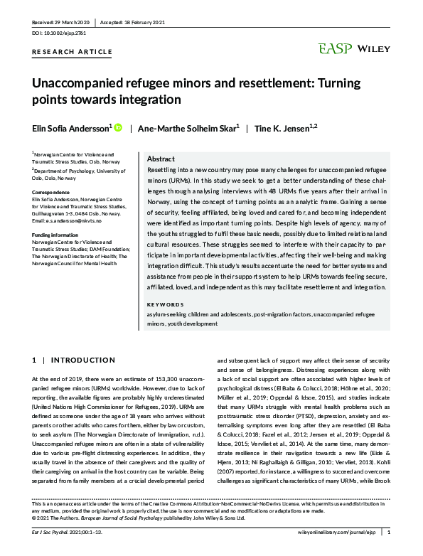(PDF) Unaccompanied refugee minors and resettlement: Turning points ...