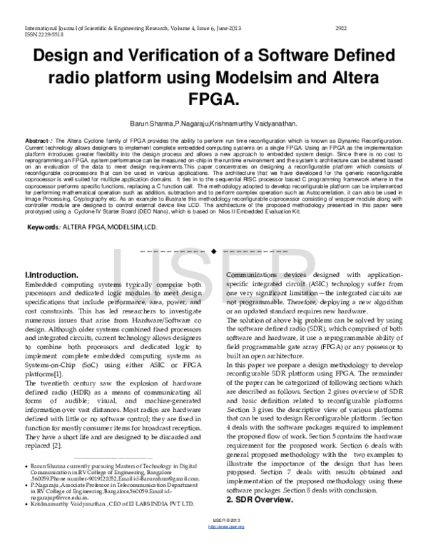 Pdf Design And Verification Of A Software Defined Radio Platform Using Modelsim And Altera Fpga