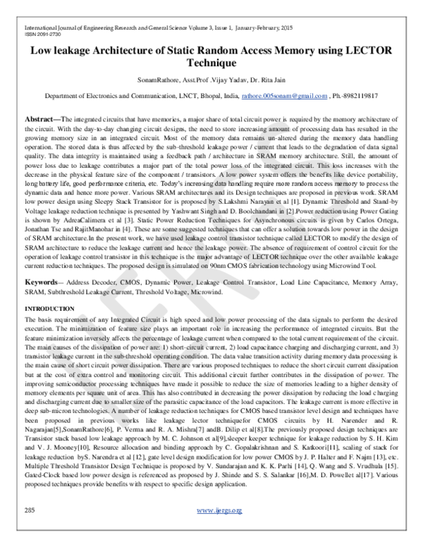 Pdf Low Leakage Architecture Of Static Random Access Memory Using Lector Technique