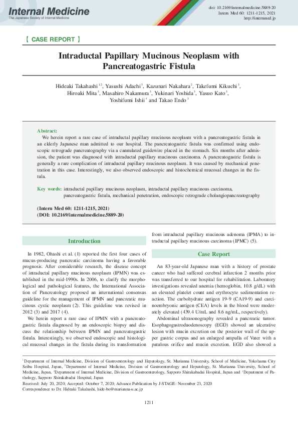 (PDF) Intraductal Papillary Mucinous Neoplasm with Pancreatogastric Fistula