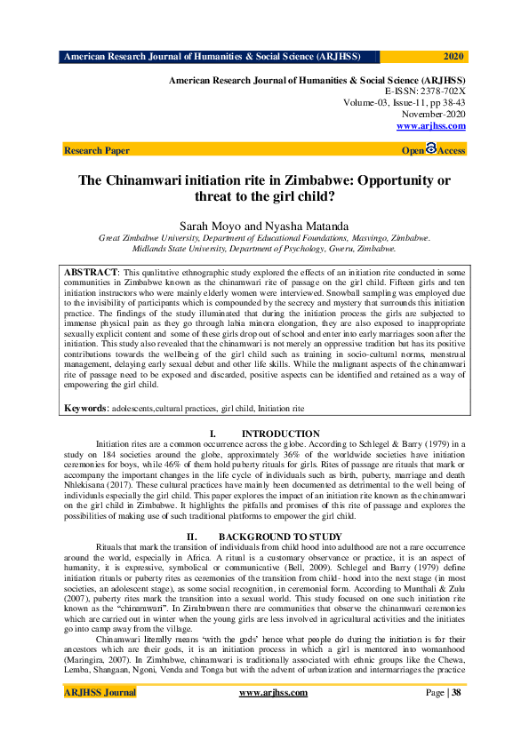 (PDF) The Chinamwari initiation rite in Zimbabwe: Opportunity or threat ...