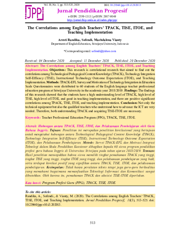 (PDF) The Correlations among English Teachers’ TPACK, TISE, ITOE, and ...