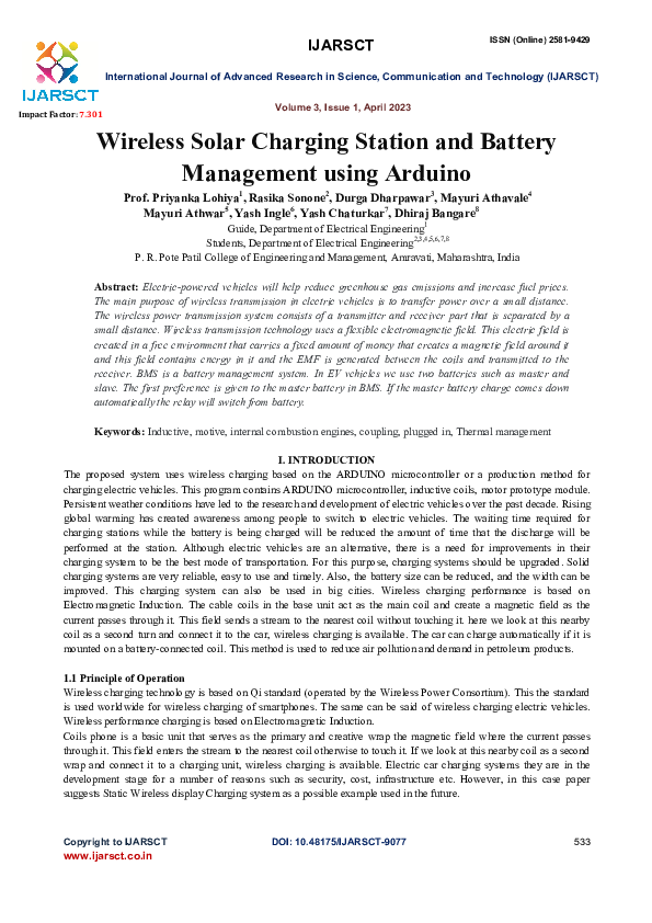 (PDF) Wireless Solar Charging Station and Battery Management using Arduino