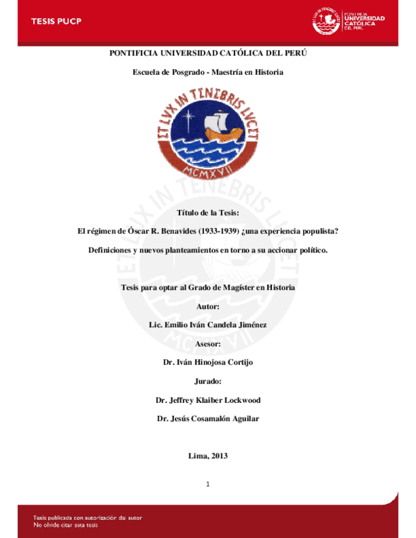 (PDF) El régimen de Óscar R. Benavides (1933-1939) ¿una experiencia ...