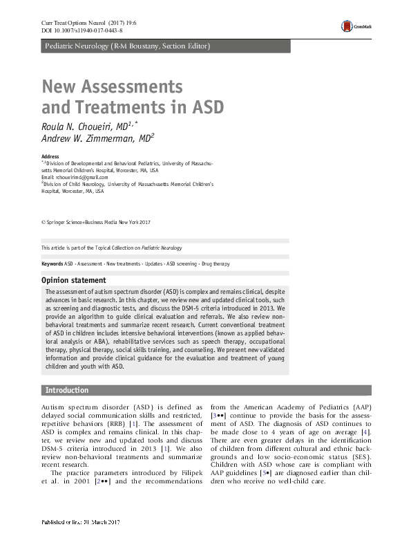 (PDF) New Assessments and Treatments in ASD