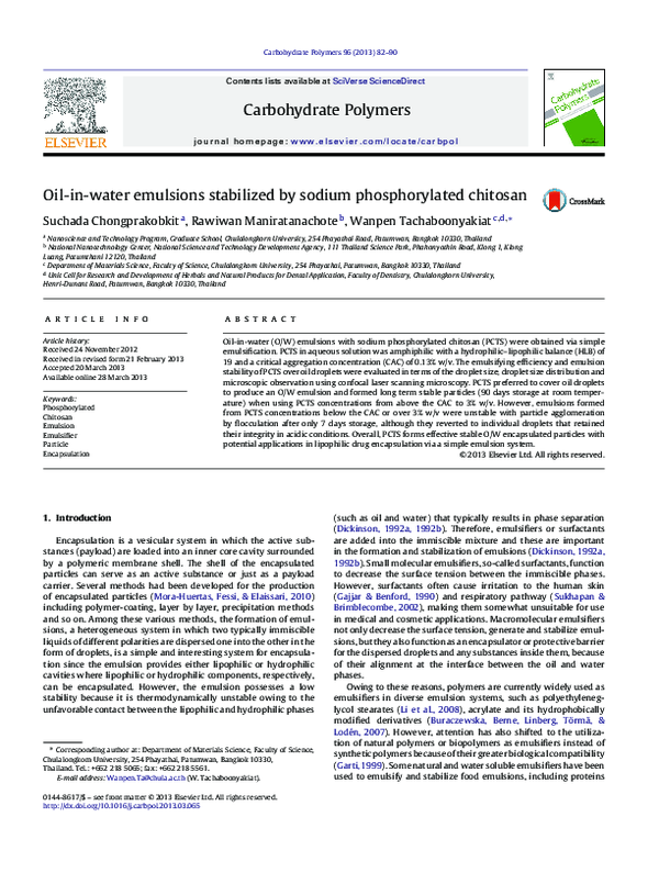 (PDF) Oil-in-water emulsions stabilized by sodium phosphorylated chitosan