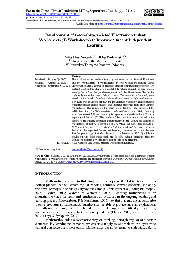 (PDF) Development of Geogebra Assisted Electronic Student Worksheets (E-Worksheets) to Improve ...