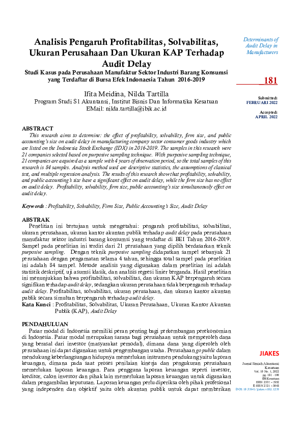 (PDF) Analisis Pengaruh Profitabilitas, Solvabilitas, Ukuran Perusahaan Dan Ukuran Kap Terhadap ...