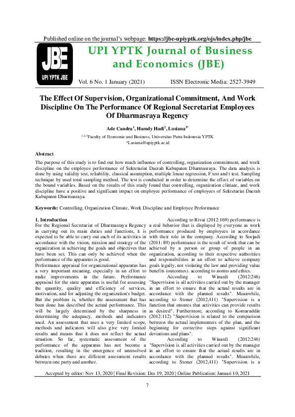 (PDF) The Effect Of Supervision, Organizational Commitment, And Work ...