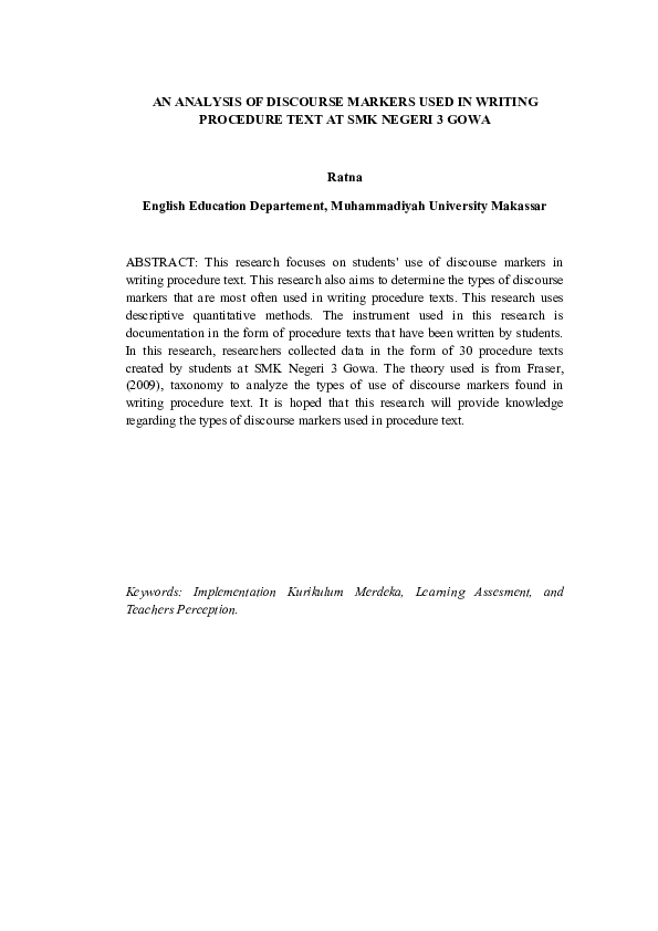 (DOC) AN ANALYSIS OF DISCOURSE MARKERS USED IN WRITING PROCEDURE TEXT AT SMK NEGERI 3 GOWA