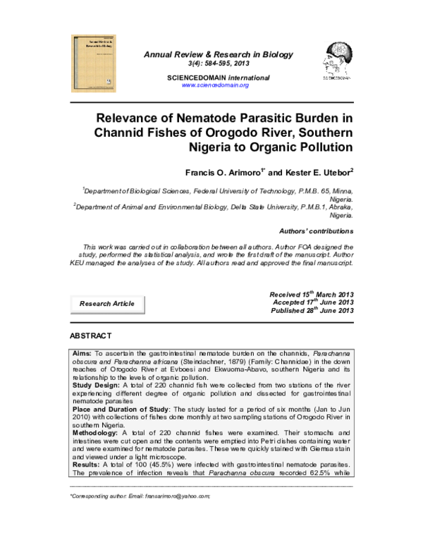 (PDF) Relevance of Nematode Parasitic Burden in Channid Fishes of ...