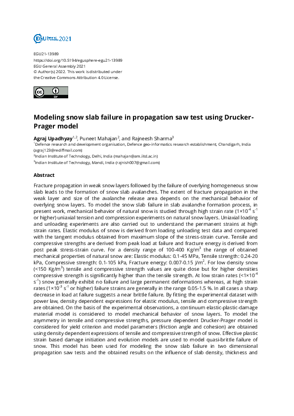 (PDF) Modeling snow slab failure in propagation saw test using Drucker ...