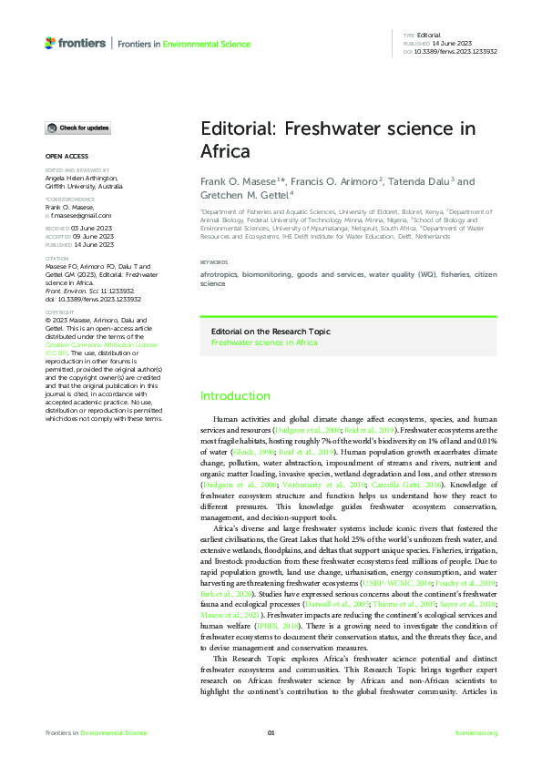 (PDF) Editorial: Freshwater science in Africa