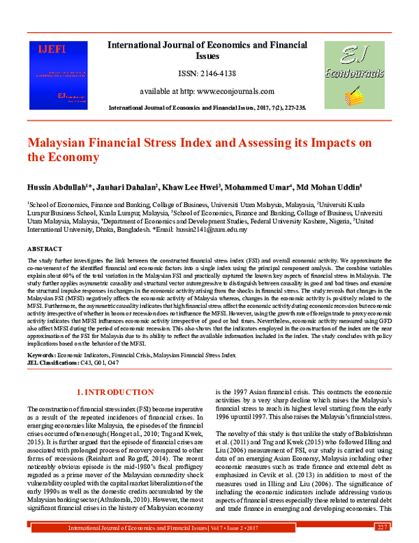 (PDF) Malaysian Financial Stress Index and Assessing its Impacts on the ...