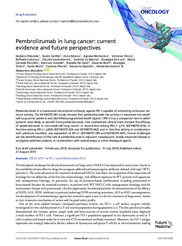 (PDF) Pembrolizumab in lung cancer: current evidence and future perspectives | Carmine Manna ...
