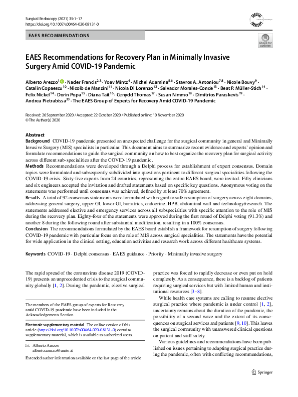 (PDF) EAES Recommendations for Recovery Plan in Minimally Invasive ...