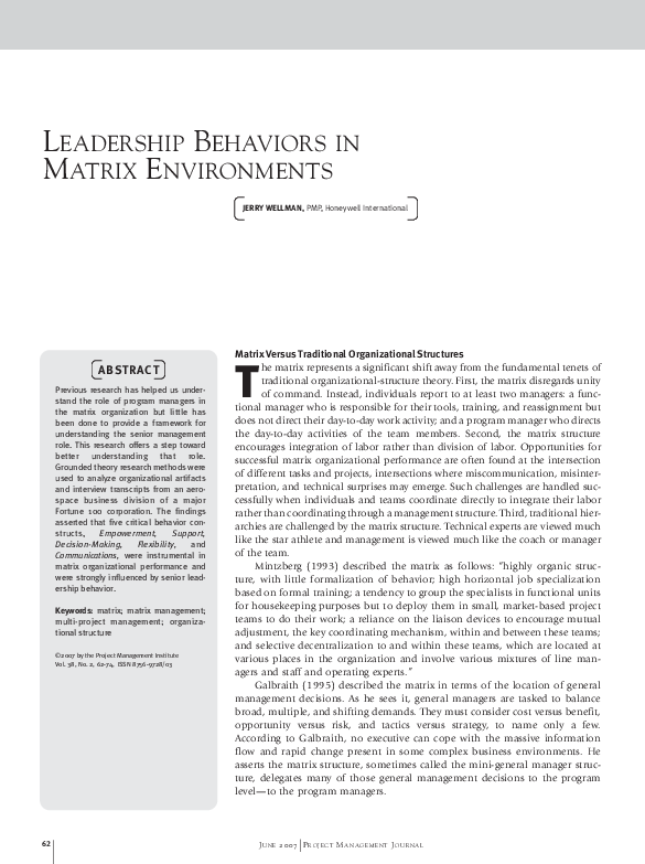 (PDF) Senior Leadership in Matrix Organizations