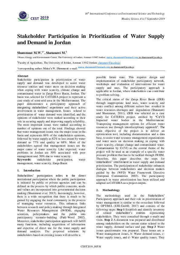 (PDF) Stakeholder Participation in Prioritization of Water Supply and ...