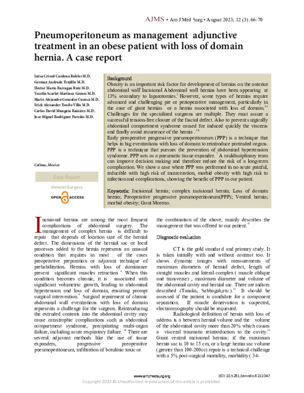 (PDF) Pneumoperitoneum as management adjunctive treatment in an obese ...