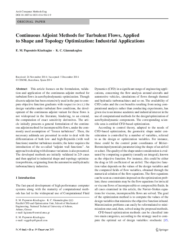 Pdf Continuous Adjoint Methods For Turbulent Flows Applied To Shape And Topology Optimization