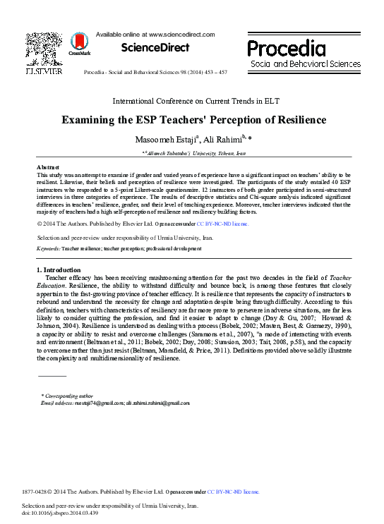 (PDF) Examining the ESP Teachers’ Perception of Resilience
