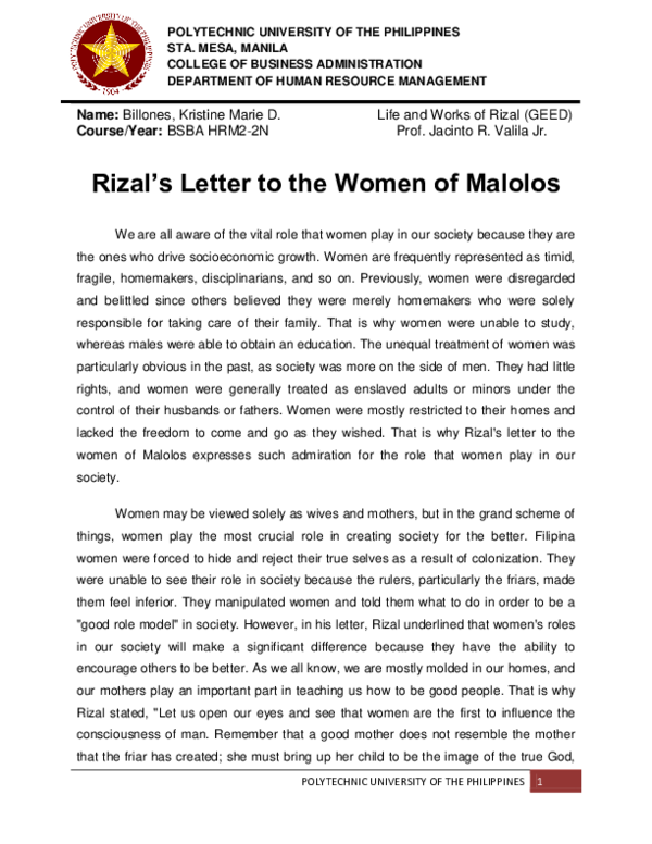 (PDF) RIZAL'S LETTER TO THE WOMEN OF MALOLOS