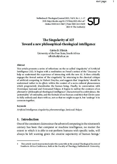 (PDF) The Singularity of AI? Toward a new philosophical-theological intelligence