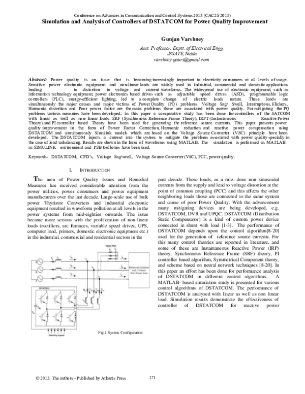 Pdf Simulation And Analysis Of Controllers Of Dstatcom For Power