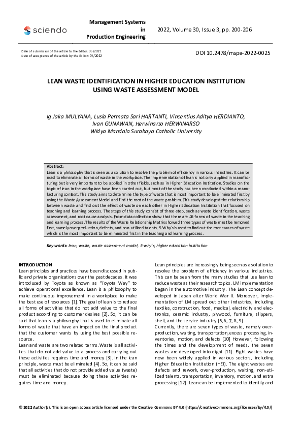 (PDF) Lean Waste Identification in Higher Education Institution Using ...
