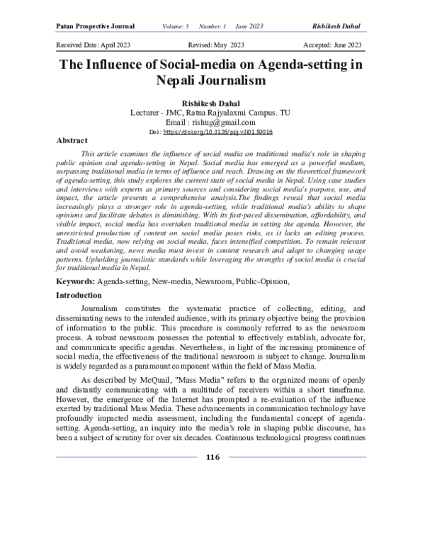 (PDF) The Influence of Social-media on Agenda-setting in Nepali Journalism