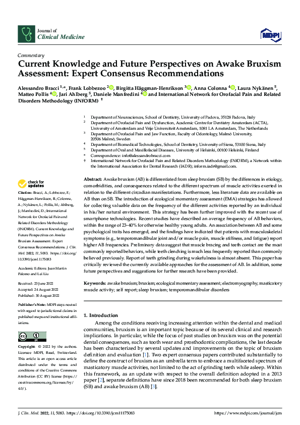 (PDF) Current Knowledge and Future Perspectives on Awake Bruxism Assessment: Expert Consensus ...