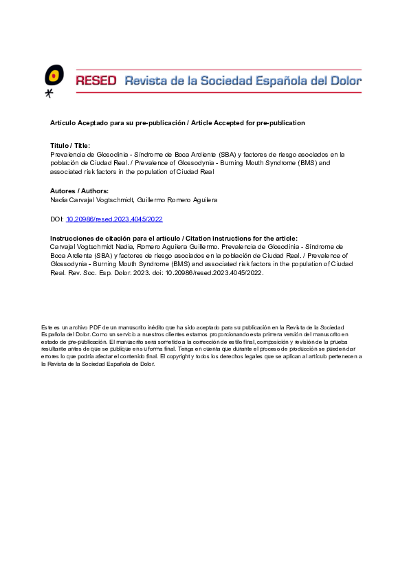 (PDF) Prevalencia de Glosodinia - Síndrome de Boca Ardiente (SBA) y ...