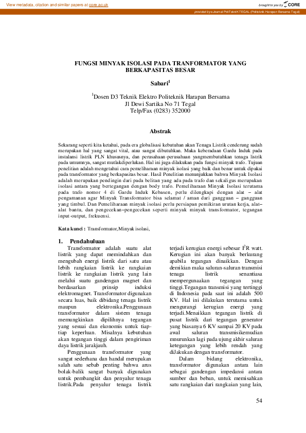 (PDF) Fungsi Minyak Isolasi Pada Tranformator Yang Berkapasitas Besar