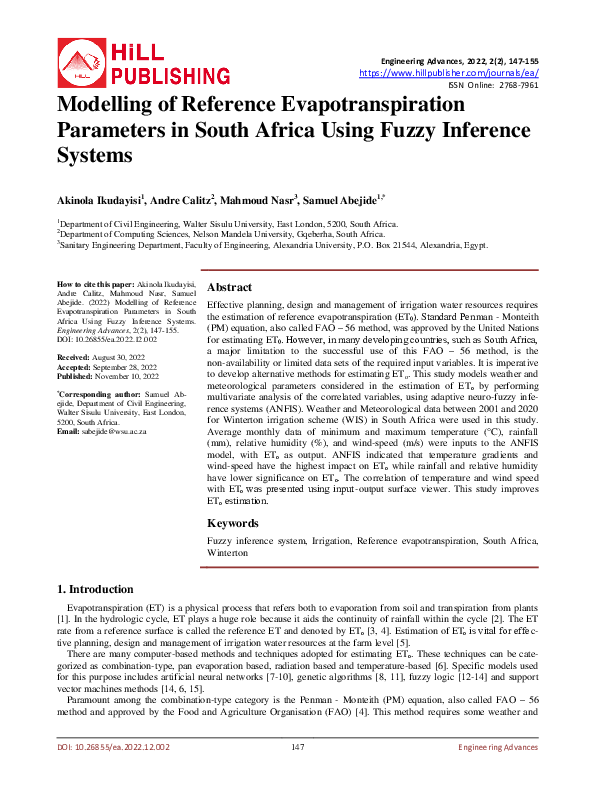 (PDF) Modelling of Reference Evapotranspiration Parameters in South Africa Using Fuzzy Inference ...