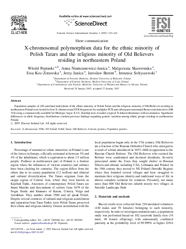 (PDF) X-chromosomal polymorphism data for the ethnic minority of Polish ...