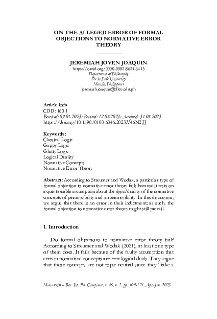 (PDF) On the Alleged Error of Formal Objections to Normative Error Theory