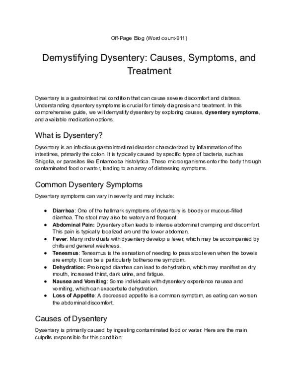 (PDF) Demystifying Dysentery Causes, Symptoms, and Treatment